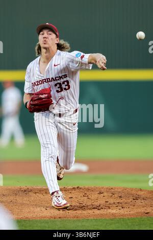 June 1, 2024: Hogs pitcher Hagen Smith #33 releases the ball towards home plate. Kansas State ...