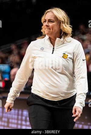Baylor head coach Nicki Collen talks to her team during the first half ...