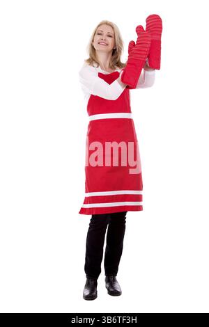 Blond woman wearing red apron on white isolated background, Toronto ...