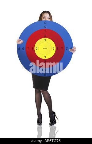 Business woman holding big target on the white background Stock Photo ...