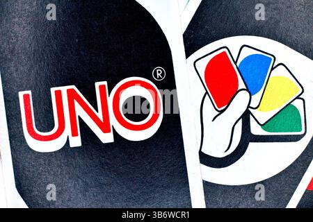 A pile of Uno playing cards close up view from top. Uno is an American ...
