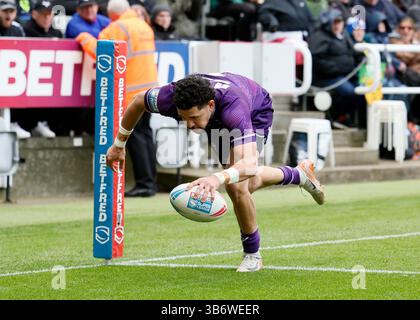 Jacob Gagai of Huddersfield Giants during pre-game warm up during the ...
