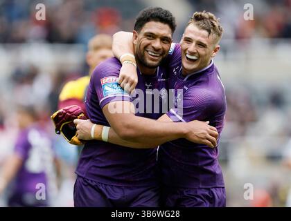 George Flanagan of Huddersfield Giants celebrates his try during the ...