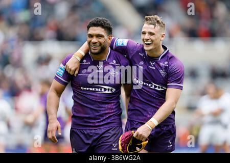 George Flanagan of Huddersfield Giants celebrates his try during the ...