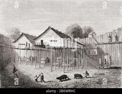 Dayak Kampong village, Borneo Island, Malaysia, drawing by Louis ...