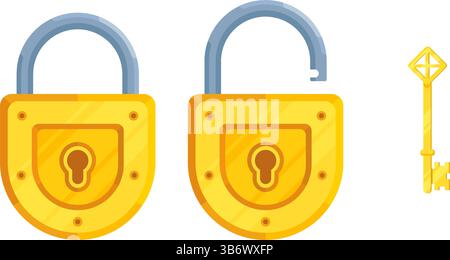 Illustration of a key with open and closed semi-circular lock. Set of ...