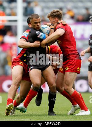 Wakefield Trinity's Corey Hall is tackled during the Betfred Super ...
