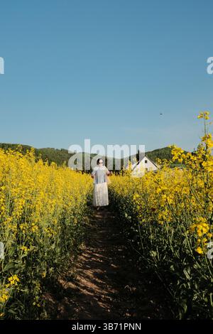 Woman in blooming rapeseed field. Yellow flowers and happy woman Stock ...