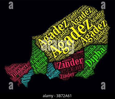 Niger regions map word cloud. Niger region names. Black and white map ...