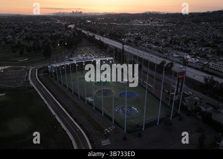 An aerial view of Topgolf, Monday, April, 28, 2025, in Montebello, Calf ...