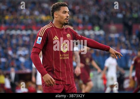 Devyne Rensch of AS Roma during the serie A Enilive match between SS ...