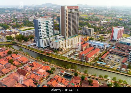 Bird's eye view of Malacca old town and Strait of Malacca. Malaysia ...