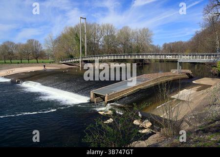 Blackweir suspension bridge and River Taff in the early 1980s, Pontcanna Fields, Cardiff, Wales ...