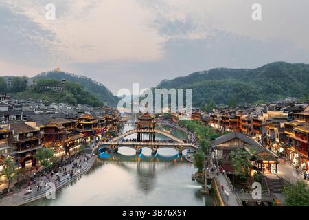 Aerial view of Fenghuang ancient town in Hunan province, China during ...
