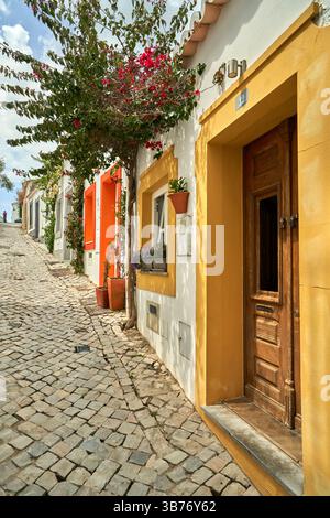 Typical colourfully painted traditional houses in the cobbled side ...