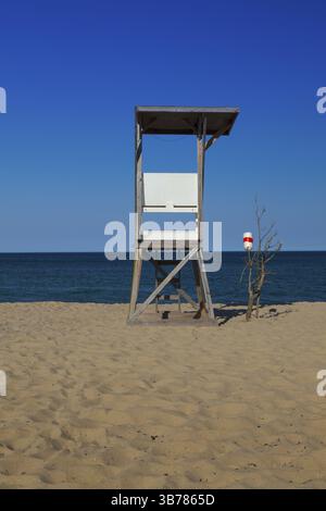 Empty life guard watchtower on the sand beach of Acadia National Park ...