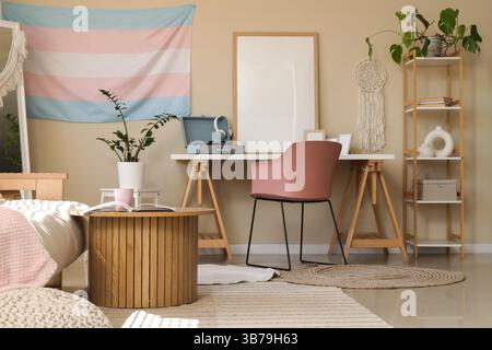 Interior of light room with workplace and transgender flag Stock Photo ...