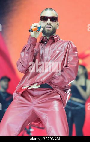 The singer Maluma during a concert at the Movistar Arena, on April 4 ...