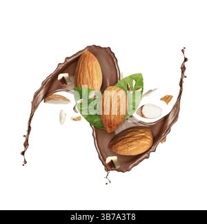 Chocolate splash with almond nuts on white background Stock Photo - Alamy
