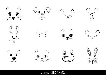 Dog faces emotion sketch doodle character set. Cute puppy kawaii head ...