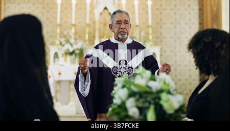 Funeral, prayer and pastor in a church for worship, farewell and ...