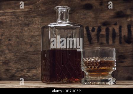 seasoned brandy into the glasses and decanter vintage style Stock Photo ...