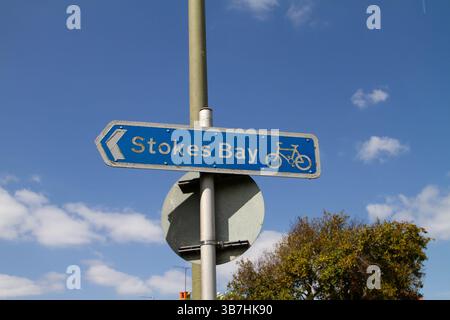 Sign indicating the cycle path to Stokes Bay in Alverstoke, Hampshire ...