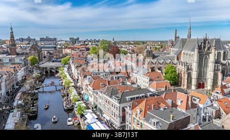 Leiden town aerial drone view from above, typical Dutch city skyline ...