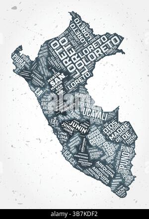 Peru regions map word cloud. Peru region names. Black and white map ...