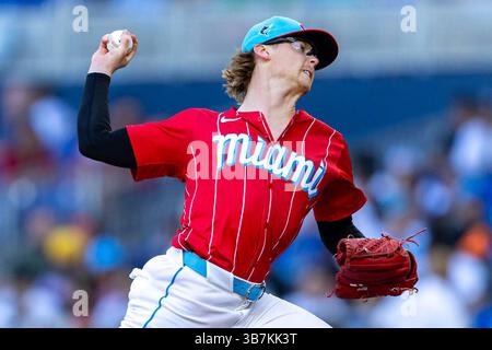 Miami Marlins pitcher Max Meyer (23) in action during a baseball game ...