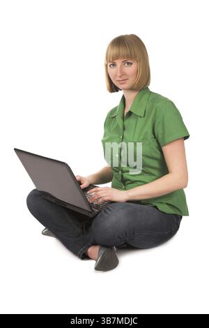 Blonde girl working on computer isolated on white background Stock ...