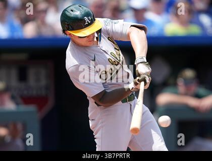 Athletics' Zack Gelof (20) is hit in the head during the tenth inning ...