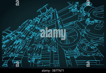 Industrial valves and pipes close up retro poster stylized vector ...