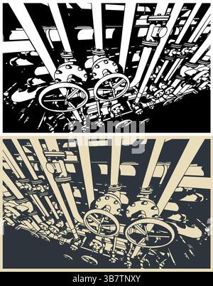 Industrial valves and pipes close up retro poster stylized vector ...