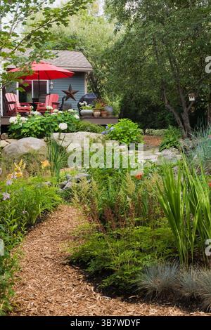 Cedar mulch path leading to patio deck, Festuca glauca 'Elijah Blue ...