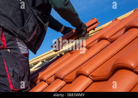 Dachdecker bei der Eindeckung eines Ziegeldaches *** Roofers installing ...