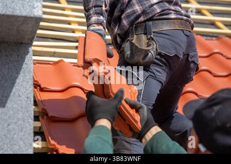 Dachdecker bei der Eindeckung eines Ziegeldaches *** Roofers installing ...
