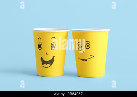 Funny paper cups with drawn faces on color background. Friendship Day ...
