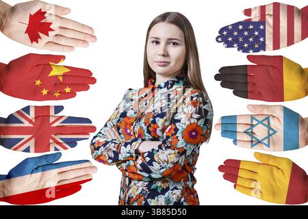 Young people with different flags on white background Stock Photo - Alamy