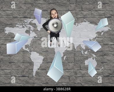 Woman standing with megaphone Stock Photo - Alamy