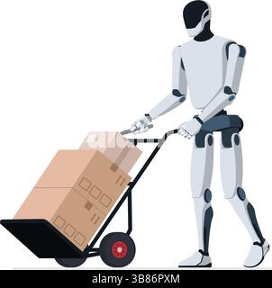 Warehouse with automated robot, cardboard boxes on shelves and pallet ...