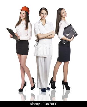 Three smiling attractive women with different professions isolated on ...