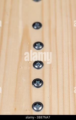The screws are screwed into a wooden board. Top view. With copy space ...