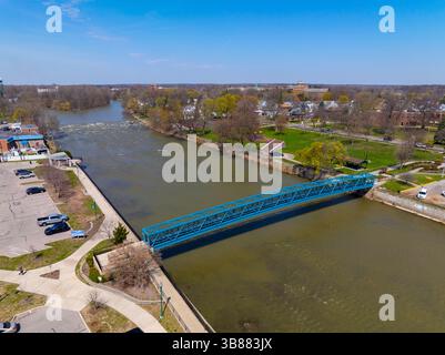 Martin Luther King Footbridge aerial view over River Raisin in historic ...