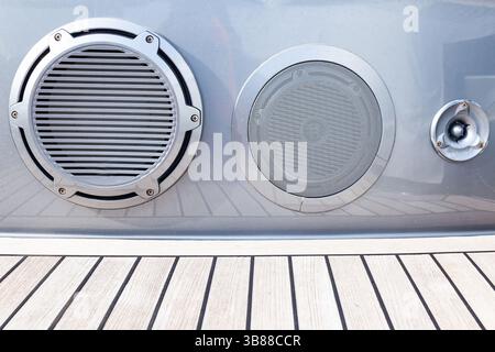 Several music speakers are integrated into the luxury yacht hull. Music ...