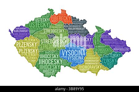Czechia regions map word cloud. Czechia region names. Black and white ...