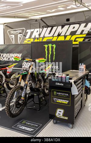 Winchester, UK- October 5, 2024: Triumph Racing pit with Monster Energy ...