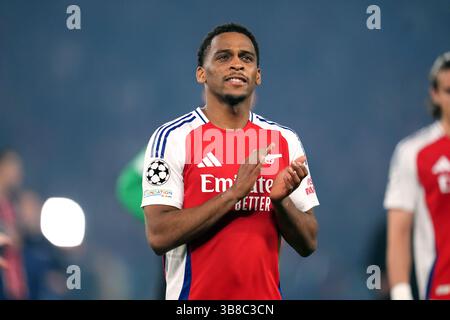 Arsenal's Jurrien Timber applauds the fans after the Premier League ...
