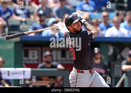 Cleveland Guardians' Gabriel Arias bats during a baseball game against ...