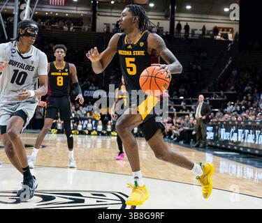 Arizona State guard Jamiya Neal (5) shoots over Colorado guard Javon ...
